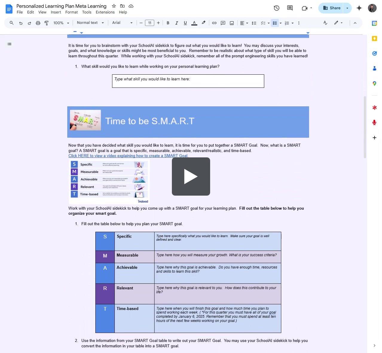 Personalized Learning Plan Worksheet Smart Goal Section ...