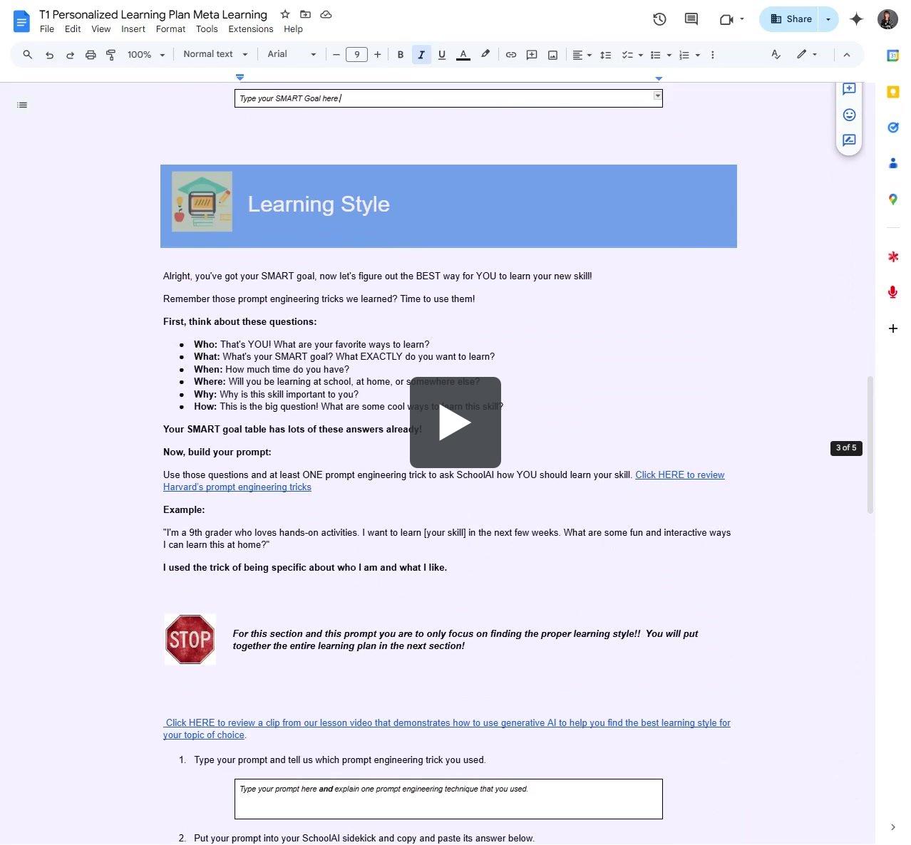 T1 Personalized Learning Plan Worksheet Learning Style Section ...