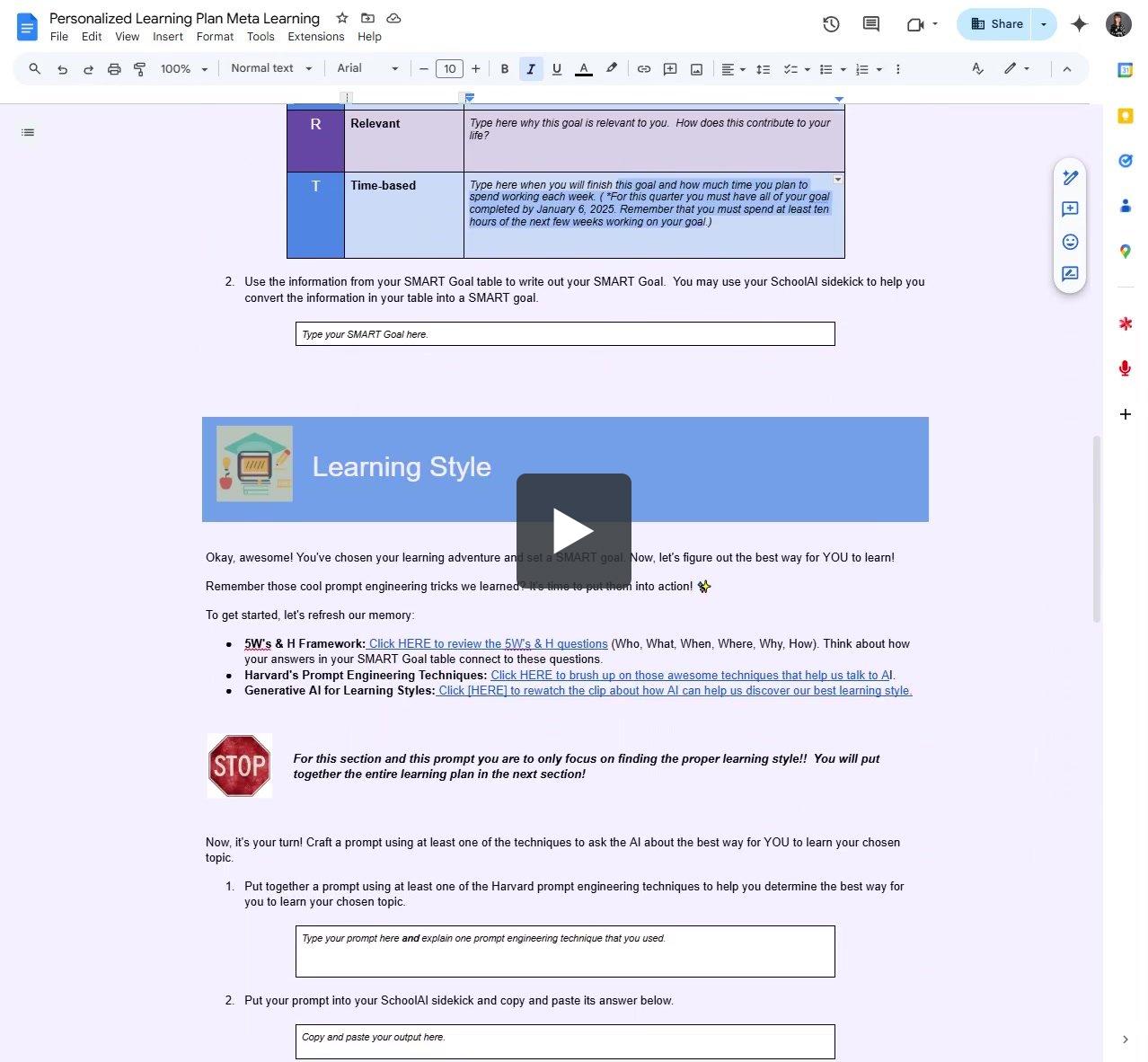 Personalized Learning Plan Worksheet Learning Style Section ...
